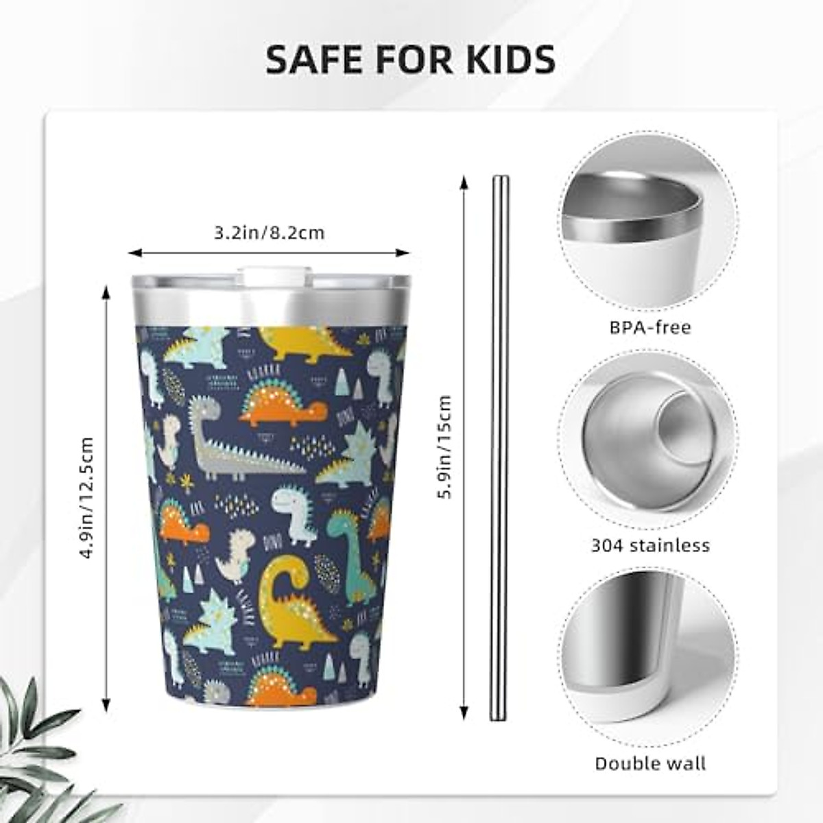 Colorful Cute Dinosaur Animal Lover Gifts - 12OZ Travel Coffee Cup Insulated Coffee Mug With Lid Stainless Steel Tumbler with Double Wall - Thermal Cup for Hot & Cold Drinks