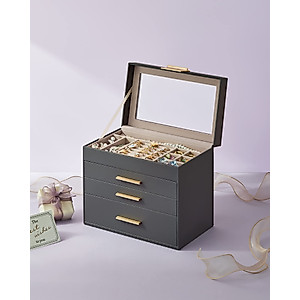 SONGMICS Jewelry Box with Glass Lid, 4-Layer Jewelry Organizer, 3 Drawers, for Sunglasses, Big Jewelry, Jewelry Storage, Modern Style, Gray and Gold Color UJBC161C01