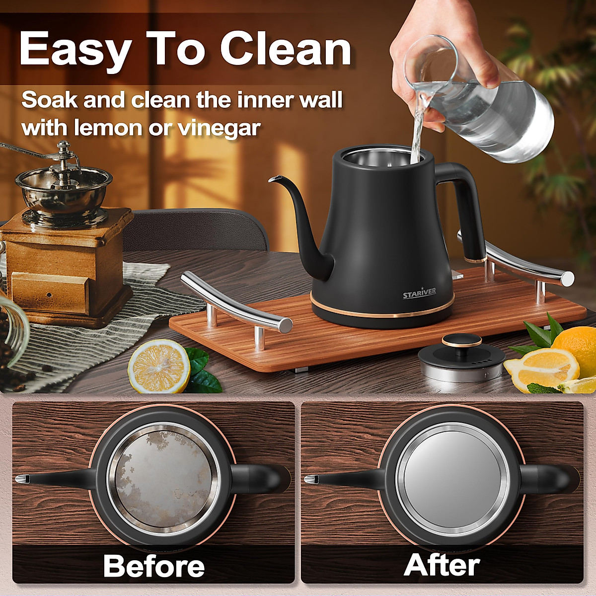 Stariver Gooseneck Electric Kettle, 0.8L Electric Tea Kettle Tea Pot, Pour Over Coffee Kettle with Stainless Steel Inner Lid & Bottom, Water Boiler with Auto Shut Off and Boil Dry Protection, Black