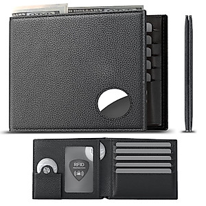 typecase Mens Leather Wallet with AirTag Holder: Hidden Pocket Compatible with Apple Air Tag,Top Grain Leather, Bifold, Slim, RFID Blocking - 10 Card Capacity | Bill Divider | ID Window (Black)