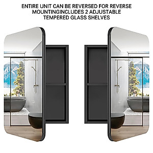 LALAHOO 24x16 Inch Bathroom Medicine Cabinet Black Aluminium Profiles Wall Mounted Bathroom Medicine Cabinet or Recessed Mirror Cabinet Rounded Rectangle Bathroom Medicine Cabinet