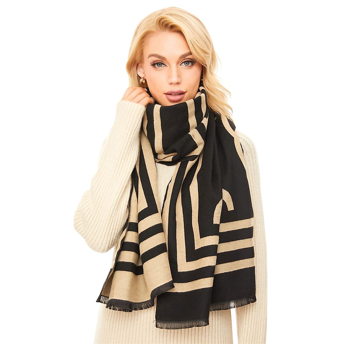 EASTBUDDY Cashmere Feel Scarfs for Women,Pashmina Shawl Wraps with Tassel, Winter Warm Large Blanket Scarf for Travel (Black + Khaki)