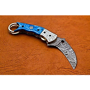 8.5" Handmade Damascus Folding Pocket Knife Karambit Knife Hunting Knife Handle Camel Bone Handmade Damascus Steel with Leather Sheath B50