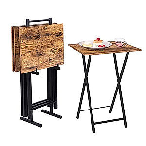 HOOBRO Folding TV Tray Tables, Set of 4 TV Trays with Storage Rack, Industrial Side Table for Eating at Couch, Foldable Snack Table for Small Space, Easy Assembly, Rustic Brown and Black BF50BZ01