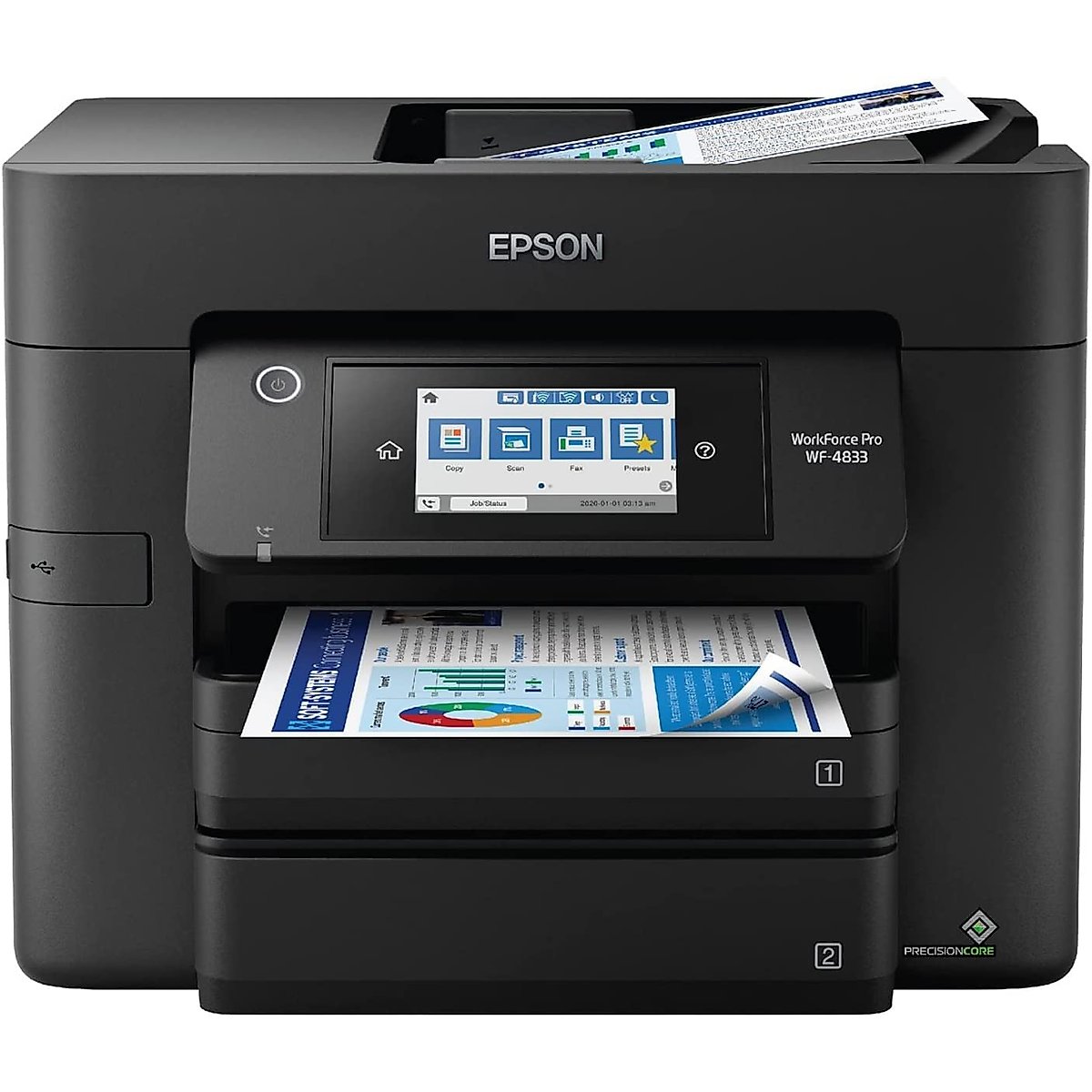 Epson Workforce Pro WF-4833 Wireless Color All-in-One Inkjet Printer, Black - Print Scan Copy Fax - 4.3" Touchscreen LCD, 25 ppm, 4800 x 2400 dpi, Auto 2-Sided Printing, 50-Sheet ADF, USB, Ethernet