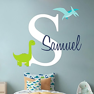 Custom Name & Initial Dinosaur Wall Decals I Personalized Dinosaur Bedroom Decor for Boys or Girls I Dinosaur Birthday Party Supplies I Nursery Wall Decal (Wide 32" x 20" Height)