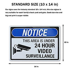 4-Pack Aluminum Security Notice Signs, 14x10 inches, UV Printed - This Area is Under 24 Hour Video Surveillance Signs - Durable Warning for Home, Office & Business Safety