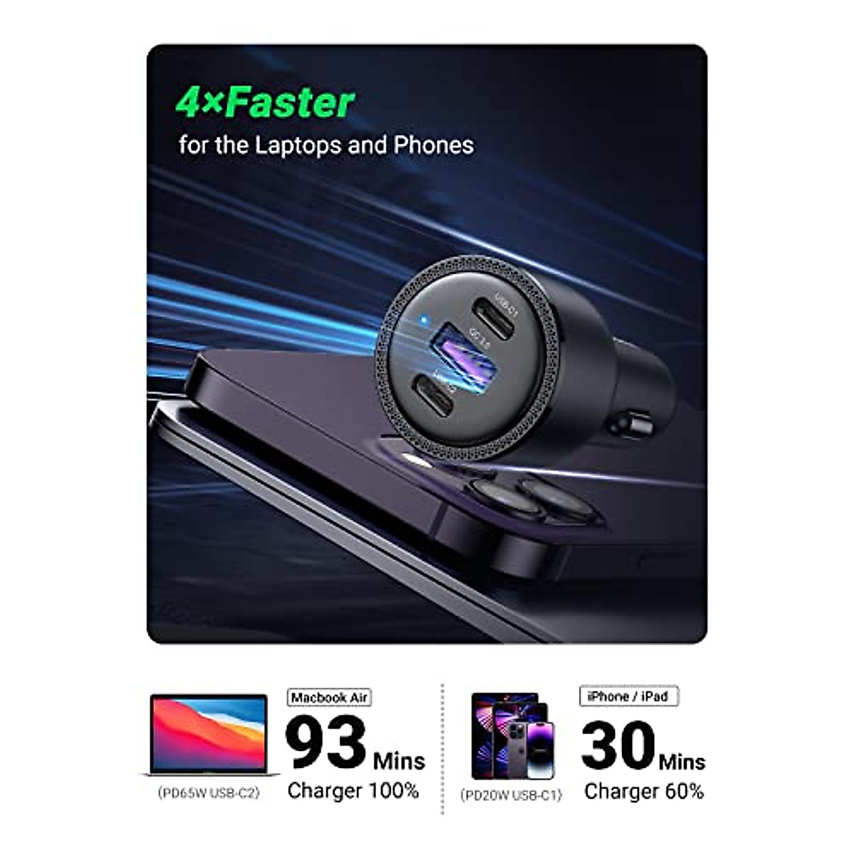 UGREEN 69W USB C Car Charger, PD 65W&PD 20W&SCP 22.5W/QC 18W Type C Car Charger Fast Charging, Car Charger Adapter Compatible with iPhone 14/13/12/11/iPad/Mac Book, Galaxy S23/S22/S21/S20/S10/Note 20