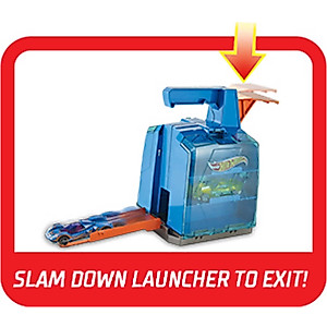 Hot Wheels Toy Car Track Set, Display Launcher & 2 1:64 Scale Vehicles, Visible Storage for 6 Cars Toy Cars, Connects to Track