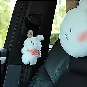 seemehappy Fuzzy Naughty Bunny Car Pillow Headrest Pillow, Fluffy Bunny Seat Belt Should Pad Cover, Cute Auto Accessories for Girls