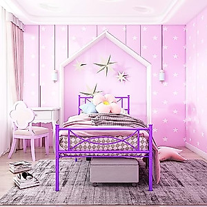 Purple Twin Bed Frames with Storage for Girls Adults Teens, Single Bed Metal Twin Size Beds, Twin Bed Frame No Box Spring Needed Twin Platform with Headboard for Students