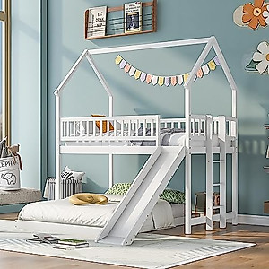 Twin Over Full Size House Bunk Bed, Wood Bunk Bed Frame with Slide, Built-in Ladder and Fence Guardrails, Playhouse Bed Slide Bed for Kids Adults, Bedroom Furniture Bunk Bed House Bed (White Bed)