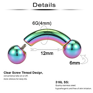 Ftovosyo PA Rings 316L Surgical Steel Internally Threaded Bent Curved Barbell for Women Men CR Ear Gauges Earrings 6G 12mm 1 Pair, Color Rainbow