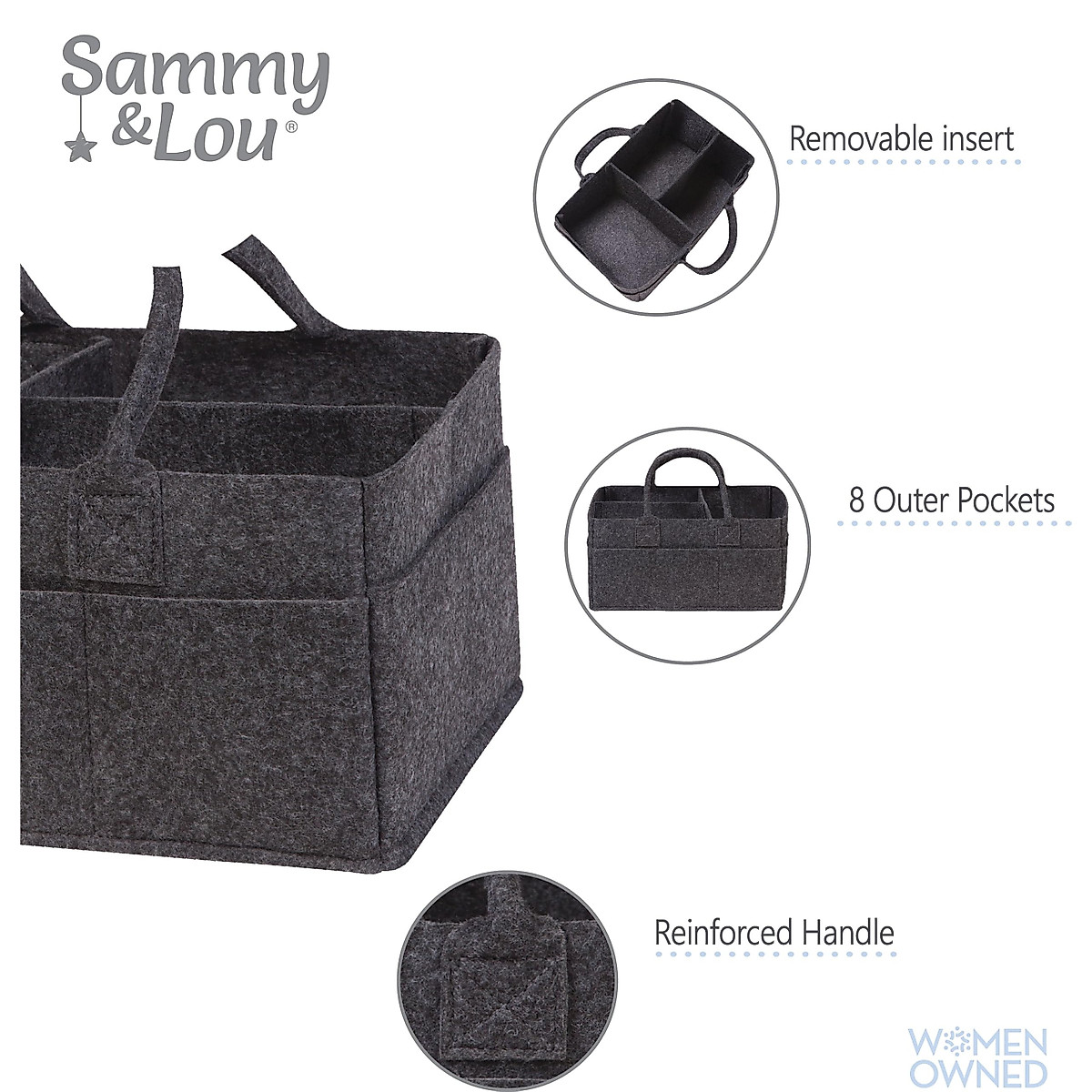 Sammy & Lou Collapsible Charcoal Gray Felt Storage Caddy, Divided Design To Keep Diapers, Wipes And Changing Items Organized, Two Handles, 11.5 in x 6 in x 8 in