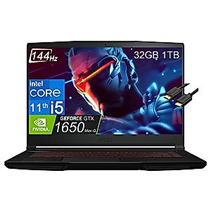 MSI GV15 Thin GF63 15.6" FHD 144Hz Gaming Laptop (32GB RAM, 1TB PCle SSD, Intel 6-Core i5-11400H, GeForce GTX 1650 Max-Q) Red Backlit Keyboard, Webcam, WiFi 6, Type-C, IST Cable, Win 11 Home