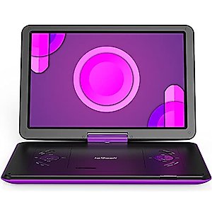 𝐢𝐞𝐆𝐞𝐞𝐤 16.9'' Portable DVD Player with 14.1'' Swivel Screen, 6 Hrs Rechargeable Battery, Car DVD Player, Sync TV, Region Free, Support USB/SD Card, High Volume Speaker, Remote Control, Purple