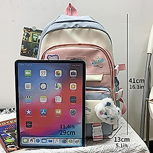 KOWVOWZ Kawaii Backpack for Teen Girls Student Bookbags with Cute pin and bear plush pendant harajuku school nylon waterproof (blue)