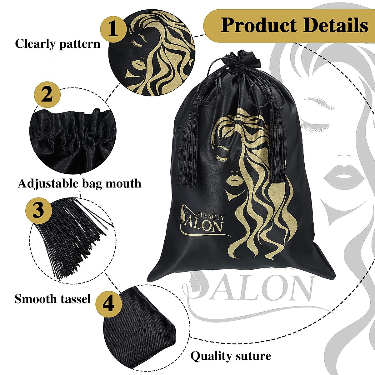 Riakrum 6 Pieces Satin Wig Bags Silky Storage Bag with Drawstring Satin Pouch for Hair Storage Pouch with Tassel for Wigs Bundles Tools Hair Extensions Travel Use