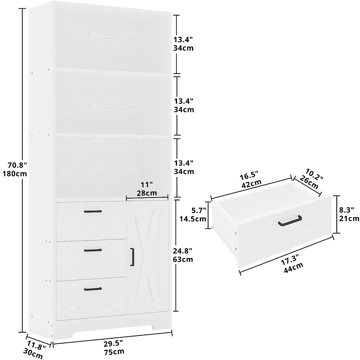 IRONCK Bookshelf with Door and 3 Drawers, 71in Tall Bookcase Shelf with 3-Tier Shelves, for Bedroom Living Room Entrance Hallway Home Office