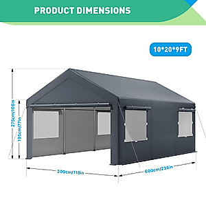 GarveeLife 10x20FT Heavy Duty Carport, Portable Garage with Sidewalls, Doors and Ventilated Windows, UV Resistant and Waterproof, Carports 10x20 Heavy Duty for Car, Bike, Boat, Party (Gray)