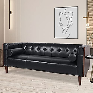 Couches for Living Room Faux Leather Black Sofa Mid Century Modern Couch Tufted 3 Seater Sofa 77.5'' Clean Lines Wooden Decorated Square Arm Sofa with Two Bolster Rolled Accent Pillows (BLACK)