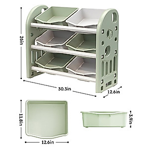 Kids Toy Organizer with 6 Storage Bins,Children Toys Storage Organizer for Books, Building Blocks, School Materials,Green