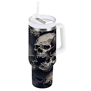 Nesatuwa 40 oz Gray Skull Tumbler with Handle and Straw Lid,Reusable Stainless Steel Vacuum Insulated Tumbler Leakproof Travel Coffee Mug for Iced and Hot Beverages