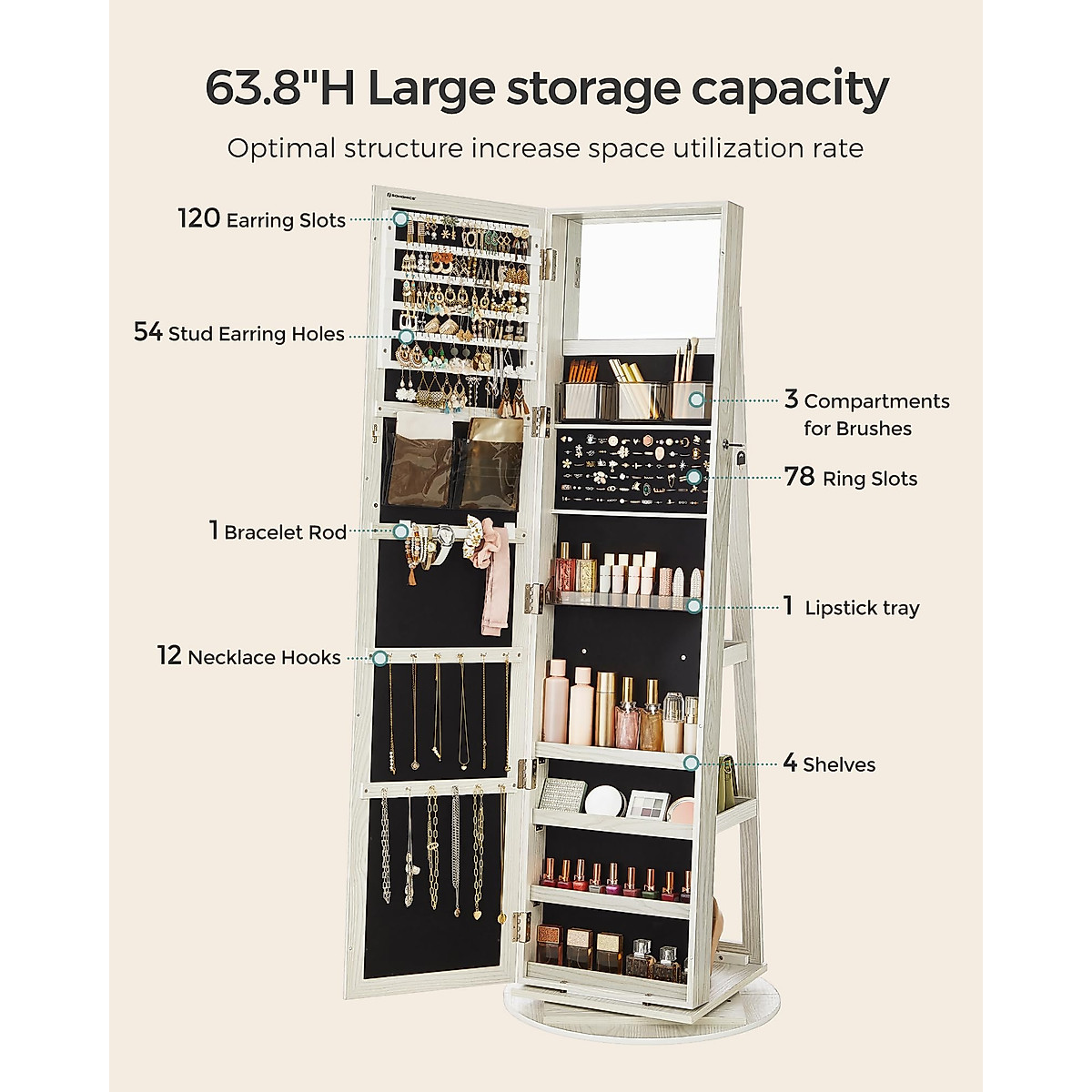 SONGMICS 360° Swivel Jewelry Cabinet, Lockable Jewelry Organizer with Full-Length Mirror, Rear Storage Shelves, Interior Mirror, Jewelry Armoire, Gift Idea, White with Gray Wood Grain UJJC006W01