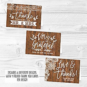 24 Rustic Wedding Thank You Cards With Envelopes, Elegant Bridal Shower Thank You Note From The New Mr. & Mrs. Newlywed Faux Wood Gratitude Supplies, 4x6 Personalized Bulk So Grateful Stationery