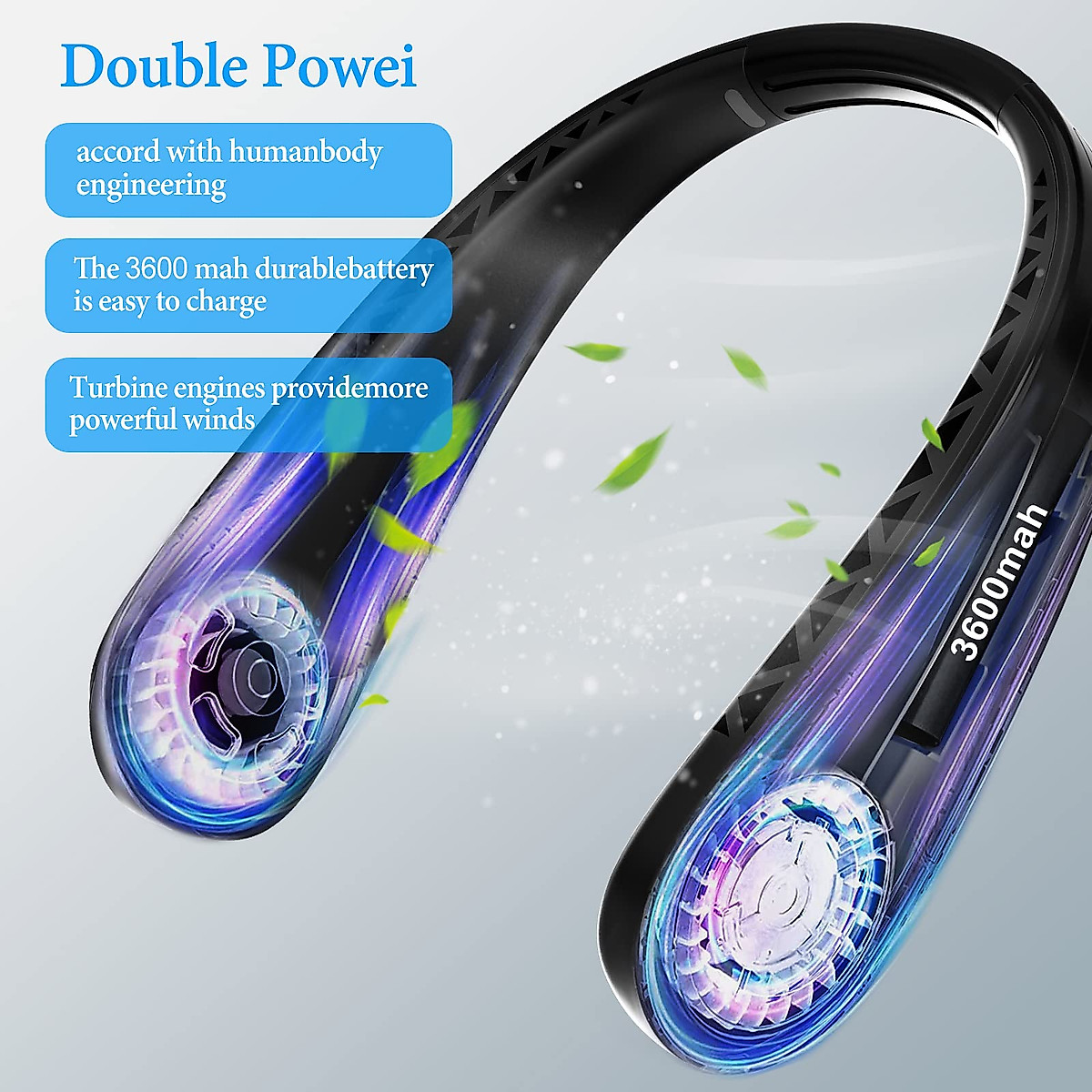 XUANYUQL Portable Neck Fan bladeless neck fan 3600mAh battery fans portable personal fan 360°Cooling Leafless Rechargeable USB Powered Desk Fan neck fan for women men 3 Speeds-Black