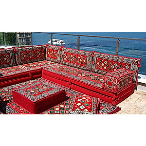 8" Thicknesse L Shaped Floor Couch, Arabic Sofa Seating, Floor Pillow, Corner Floor Couch, Sectional Sofa Set, Patio Furniture, Arabic Majlis (L Sofa + Rug + Poufs)