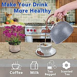 Foedo Tea Kettle for Stove Top, 102 OZ / 3 Liter Tea Pots for Stove Top, Whistling Tea Kettle Food Grade Stainless Steel with Wood Pattern Handle for Tea, Coffee, Milk（Grey）