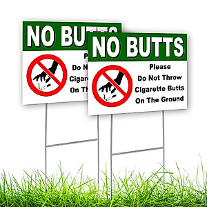2 PC No Cigarette Butts Signs - 12 x 9 Coroplast No Butts Signage with Stake - No Littering Sign Outdoor - Please Do Not Throw Cigarette Butt Signs