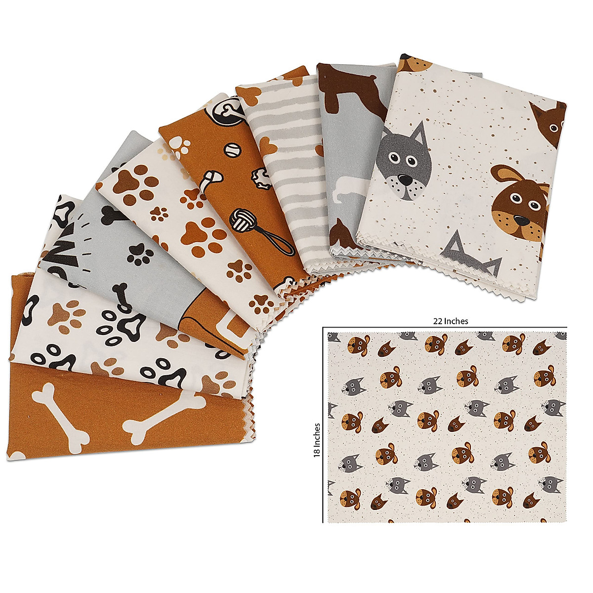 Soimoi 8 Pc Fat Quarter Bundle- Dog Print 18"x 22" DIY Patchwork- 100% Cotton Pre-Cut Quilting Fabric Gray-White- Brown