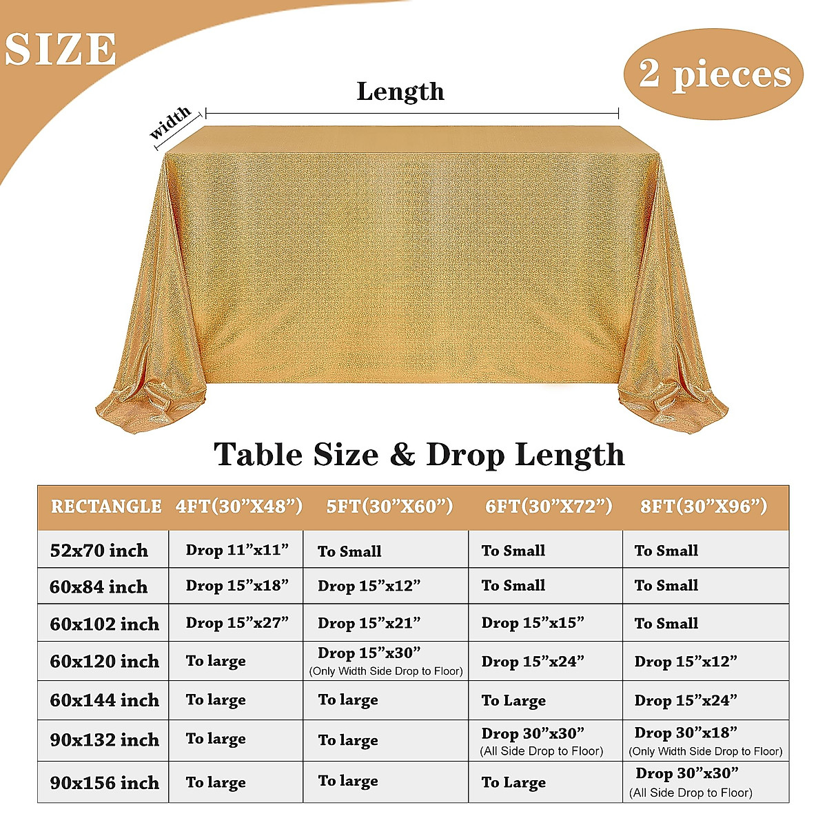 Fitable 2 Pack Gold Sequin Tablecloth for Parties 60x102 Inch - Sparkle Glitter Table Cloth Laser Rectangle Table Cover Overlay for Wedding Baby Shower Ceremony Birthday Cake Table Holiday Banquet