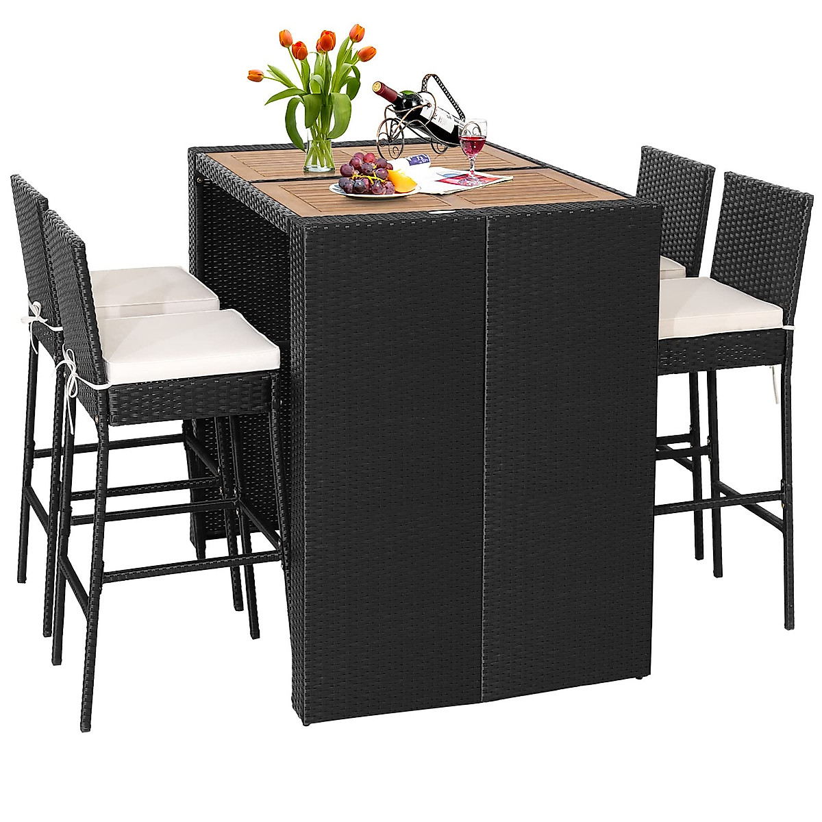 HAPPYGRILL 5 Pieces Rattan Outdoor Bar Set with Height Table & 4 Cushioned Bar Stools, Patio Bar Set Wicker Dining Set for Poolside Patio Backyard