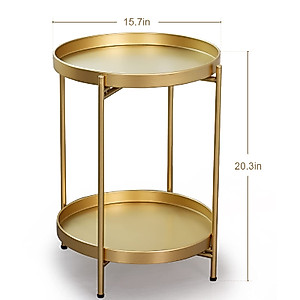 FUNME Gold Folding End Table 2-Tier Metal Round Side Table with Removable Tray for Living Room,(15.2''Dx20''H)