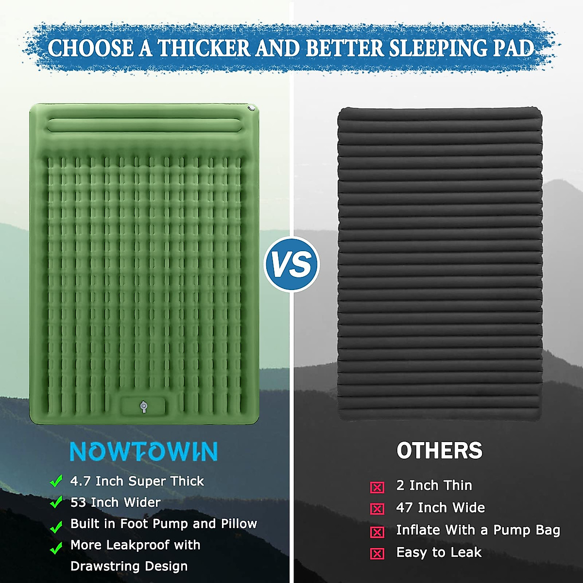 NOWTOWIN Double Sleeping Pad, 4.7 Inch Extra Thick Comfort Sleeping Mat for Backpacking Hiking Outdoor, Queen Camping Air Mattress with Built in Foot Pump, Compact Inflatable Camping Mat with Pillow