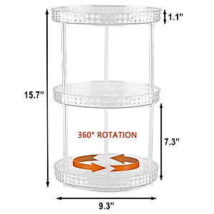BYFU 3 Tier Rotating Lazy Susan Makeup Organizer, Turntable Clear Diamond Cosmetic Display Storage Tray, Plastic Bathroom Holder Rack for Kitchen, Table, Cabinet, Countertop, Pantry (Clear Diamond)