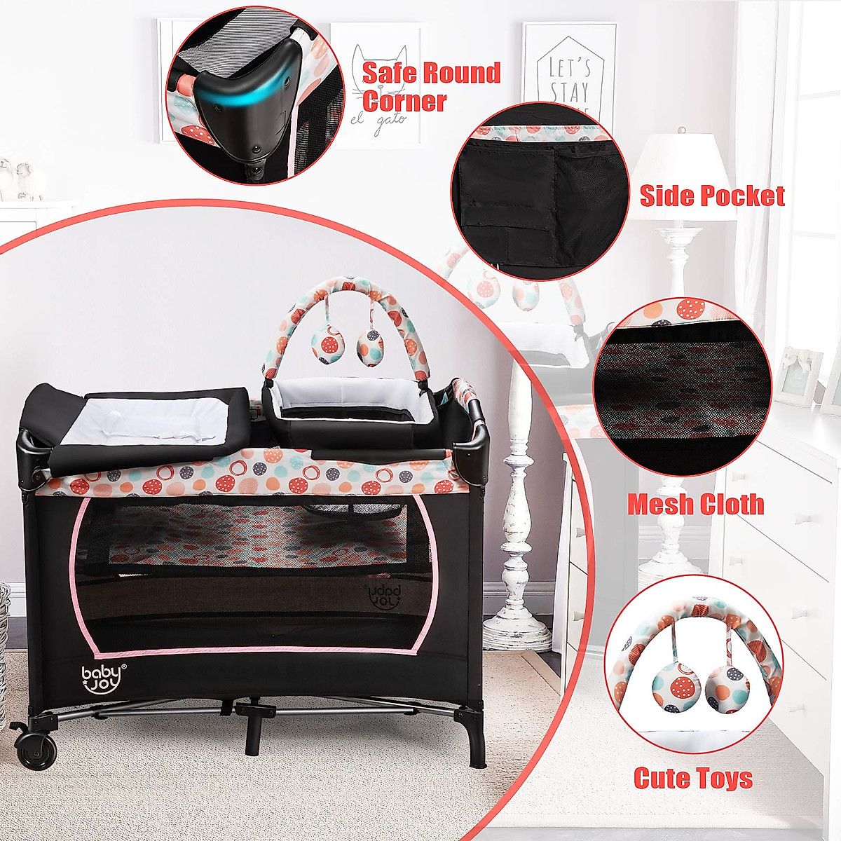 BABY JOY 4 in 1 Pack and Play, Portable Baby Playard w/Bassinet & Diaper Changing Table, Infant Nursery Center Bassinet with Toys & Oxford Bag for Baby Toddlers (Pink, Basic)