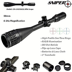 LT 4-16X50/6-24x50 Hunting Rifle Scope with Multi-Coated Lenses, Tri-Color Illuminated Reticle and AO Adjustment (6-24x50)