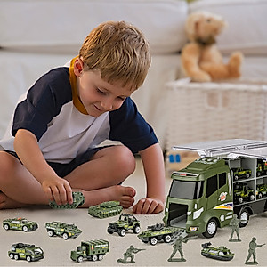 18 Pcs Military Truck with Army Men Toy Set for Boys, Mini Die-cast Battle Car in Transport Carrier Truck Playset, Army Toy Vehicle for Boy Girl Kid Toddler 8-12 Year Old Birthday Gift Party Favor