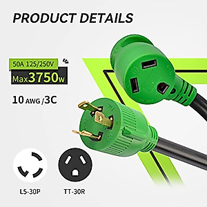 RVMATE 3 Prong 12 Inch 30 Amp to 30 Amp RV Generator Adapter Cord ETL Certified, STW 10/3, L5-30P Male Plug to TT-30R Female Connector with LED Indicator