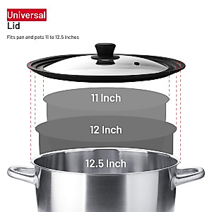 Bezrat Universal Round Lid for Pans, Pots and Skillets Vented Tempered Glass - Graduated Rim Fits 11", 12", 12.5 inch Cookware – Heat Resistant Knob – Food Safe - Microwave Safe – Dishwasher Safe