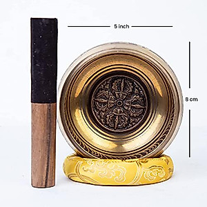 Large Tibetan Singing bowl Set - Bronze Style - Easy To Play - 5" Sound Yoga Bowl Mantra Design Mindfulness Meditation Healing Sound Gift By Himalayan Bazaar