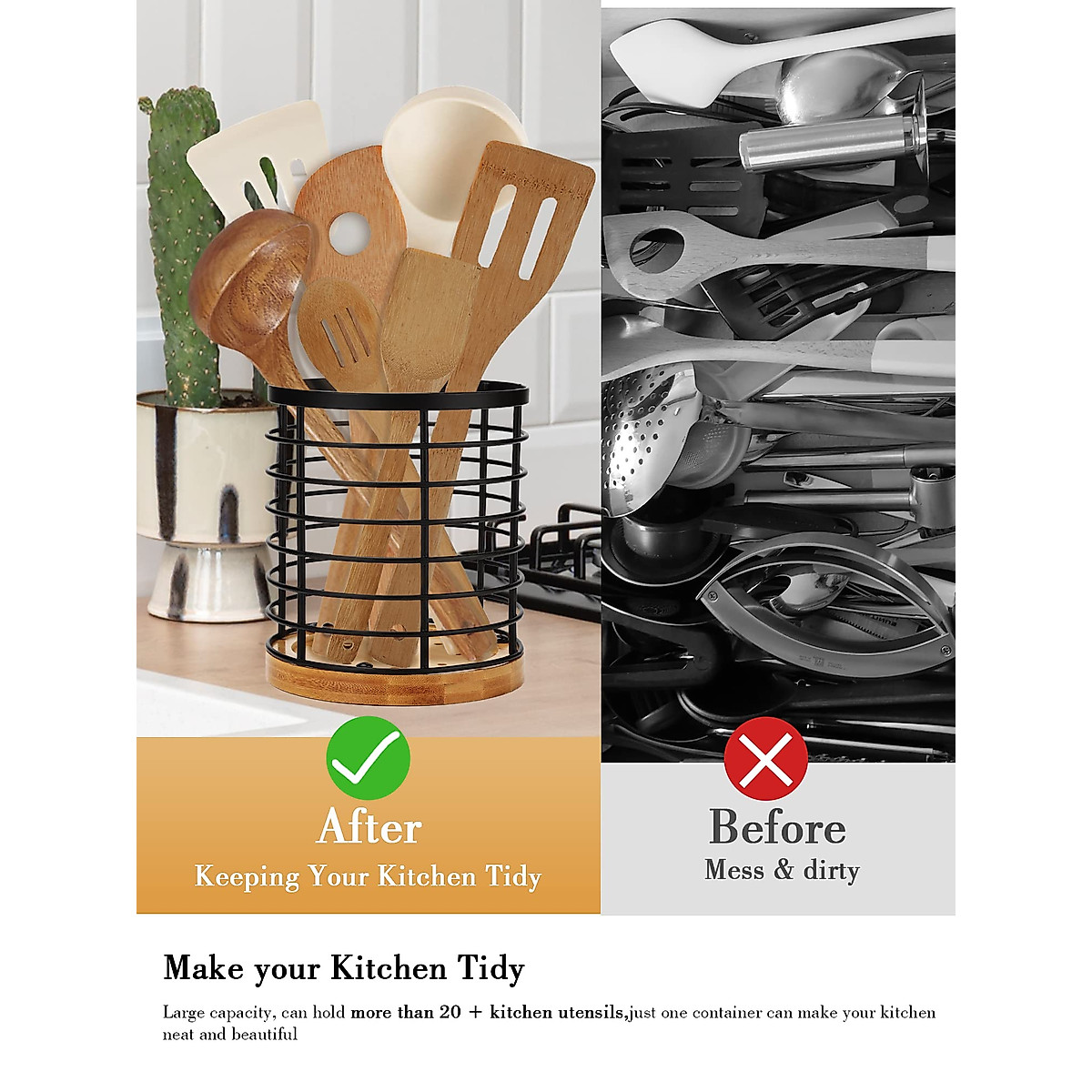 SPLMIFA Kitchen Utensil Holder Large Utensil Holder with Wooden Base and Matte Black Metal holder，Storage Solutions for Kitchen/Small Items Storage