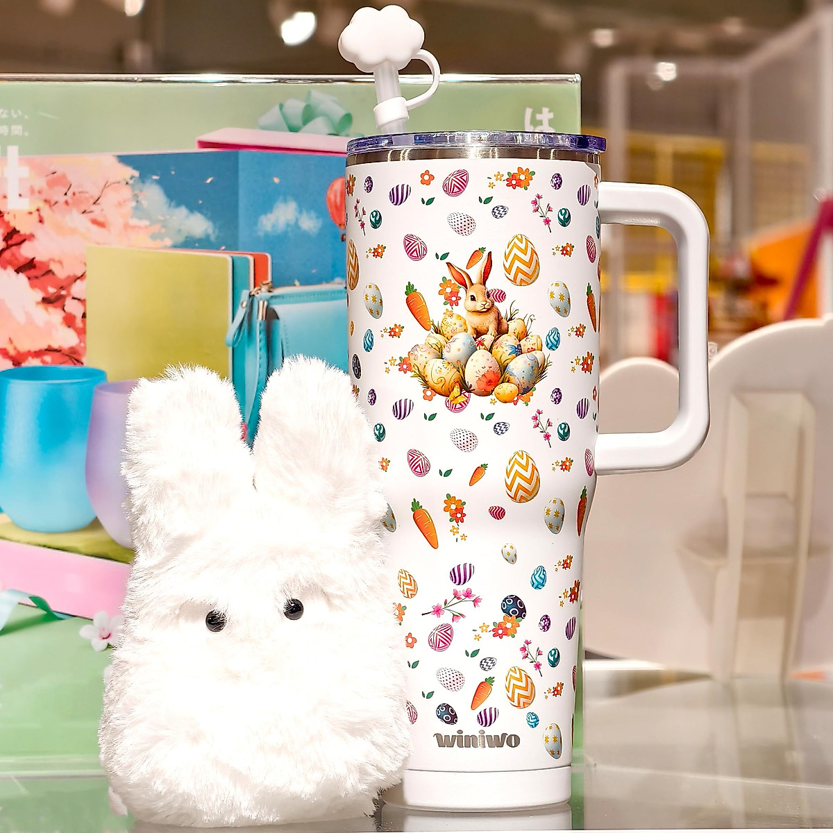 winiwo 40 oz Easter Tumbler with Handle and Straw, Easter Gifts for Kids, Rabbits Lover, Bunny Insulated Tumbler for Hiding Candy Chocolate Eggs, Stainless Steel, Available Gift Wrapping (White)