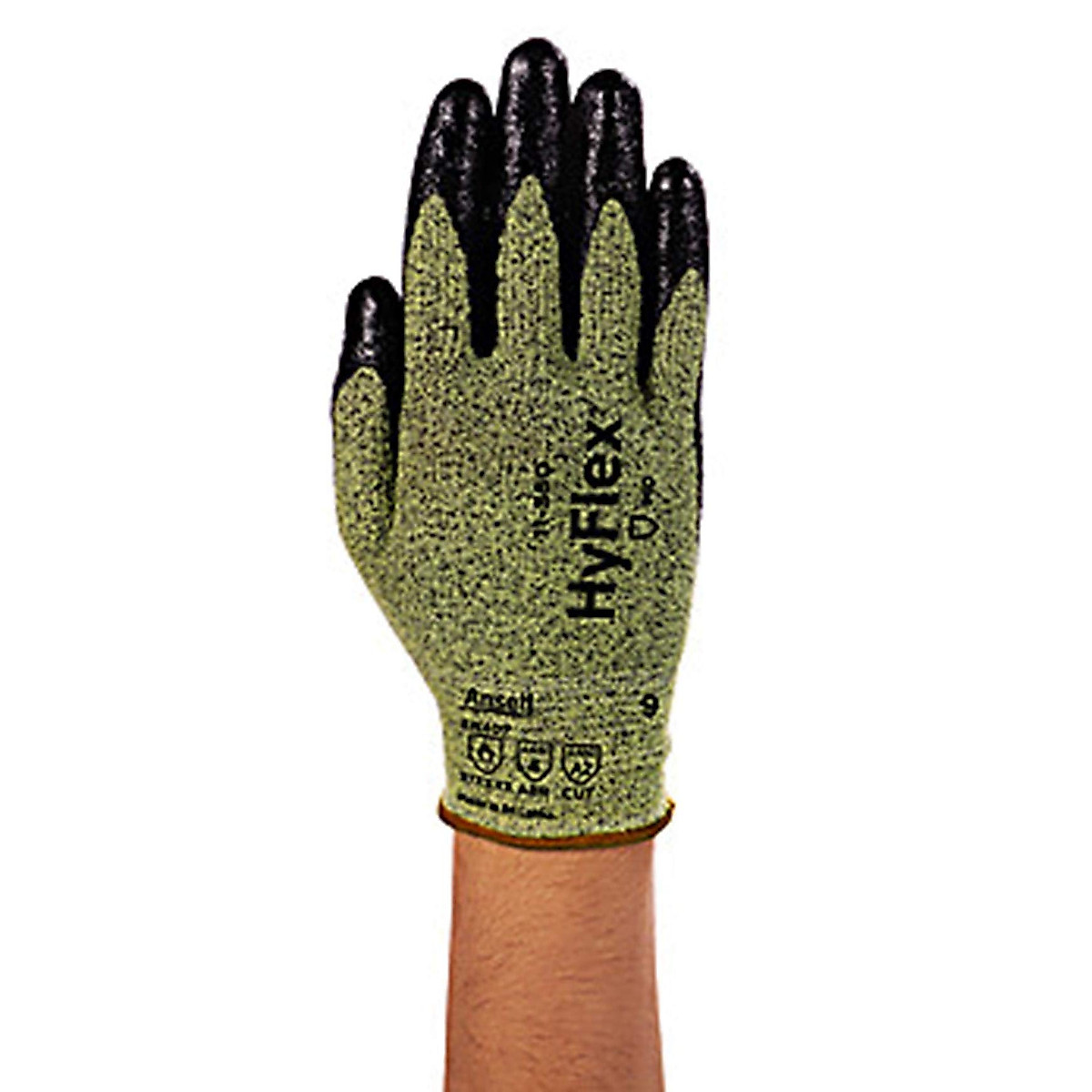 Ansell 11550060 HyFlex Medium Duty Cut-Protection Glove, Palm Coated, Nitrile Coating, Knitwrist, 15 Gauge, Black/Heather Green, Size 6 (Pack of 144)