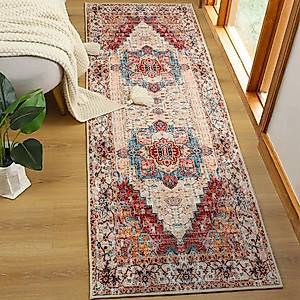 Comeet Washable Runner Rug - 2x6 Boho Hallway Runner Rug, Non-Slip Kitchen Bathroom Runner Rugs, Long Vintage Accent Area Rug for Entryway Laundry Bedroom Orange/Blue