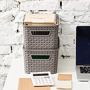 EZOWare set of 4 Lidded Storage Bins, Small Plastic Stackable Weaving Wicker Organizing Baskets Boxes Containers with Lids and Handle, 11 x 7.3 x 5.1 inch